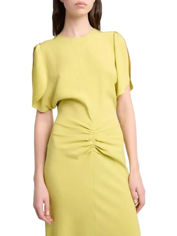 Victoria Beckham Bela Gathered Crepe Back Satin Midi Dress - Chartreuse