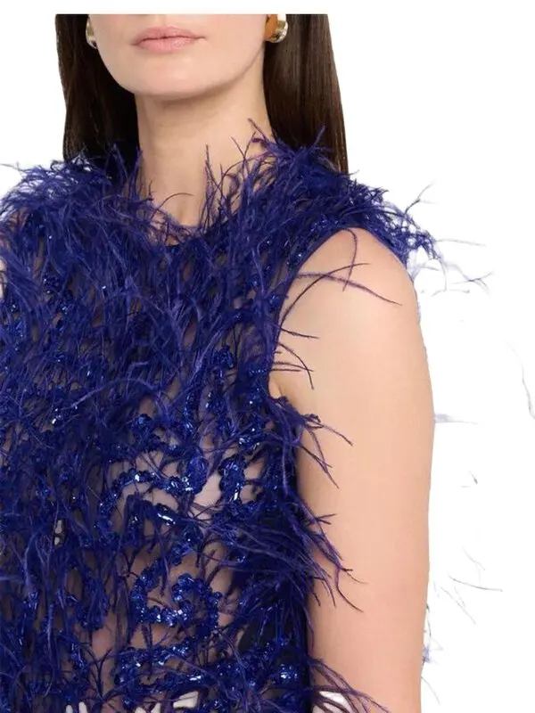 Lapointe Sleeveless Feather Sequined Tulle Crop Top - Indigo