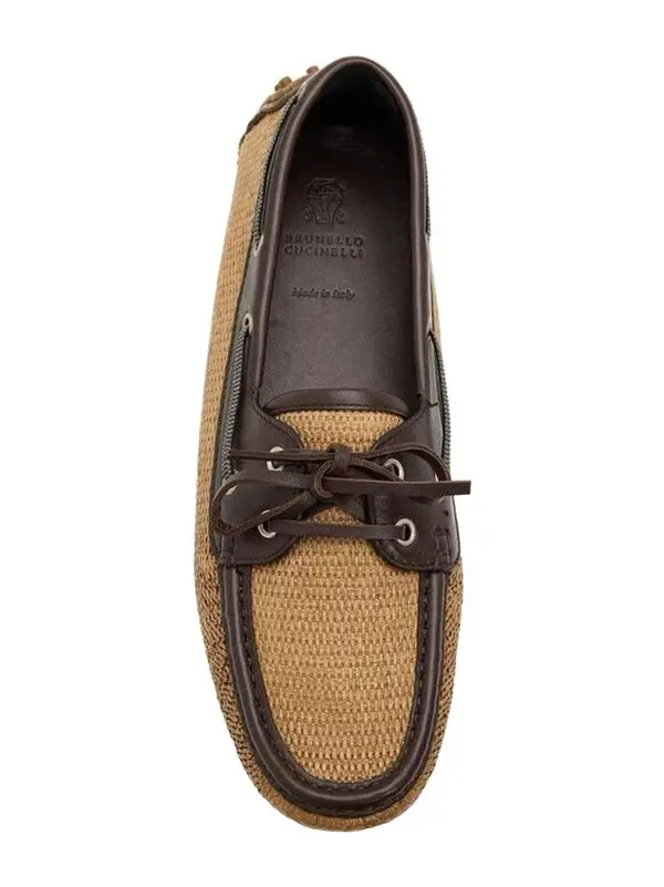 Brunello Cucinelli Raffia & Leather Boat Shoes - Fango