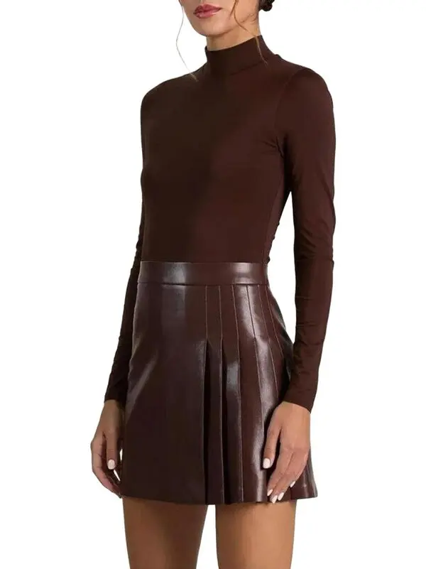 Alice + Olivia Chara Mixed-media Pleated-skirt Mini Dress - Dark Choco