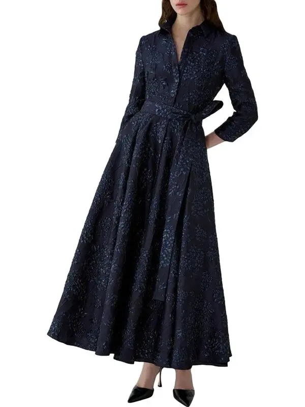 Carolina Herrera 3/4-sleeve Jacquard Midi Shirtdress - Midnight