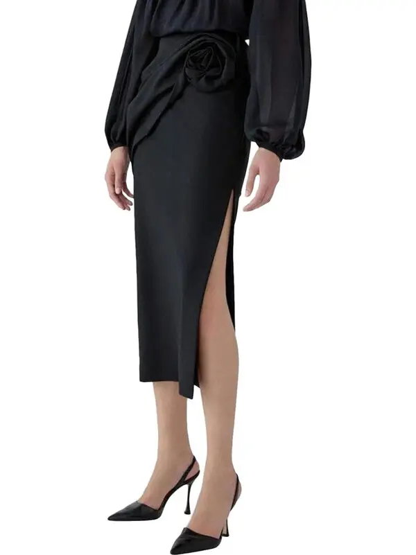 Carolina Herrera Draped Rose Slit Midi Skirt - Black