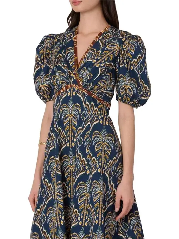 Shoshanna Gemma Abstract-print Empire Midi Dress - Navy Multi