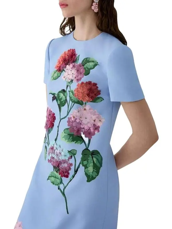 Carolina Herrera Hydrangea-print Crepe Short-sleeve Ankle Dress - Cloudy Blue