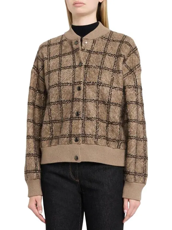 Brunello Cucinelli Paillette Check Mohair Knit Bomber Cardigan - Ccr53 Beig