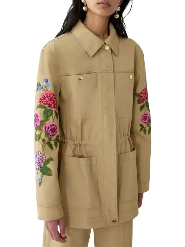 Carolina Herrera Floral Embroidered Cotton Twill Zip Utility Jacket - Birch