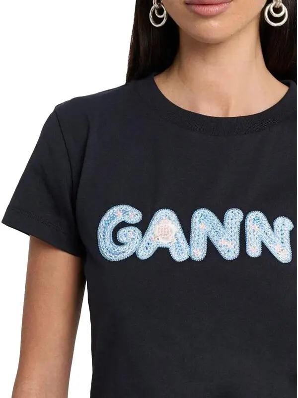 GANNI Logo Embroidered Cotton-jersey Tee - Phantom