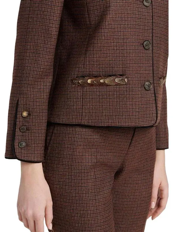 Etro Feather-trim Houndstooth Wool Single-breasted Jacket - Multicoro