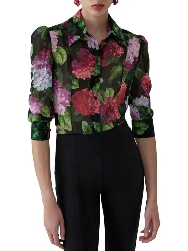 Carolina Herrera Semi-sheer Floral Buttoned Blouse - Black Multi