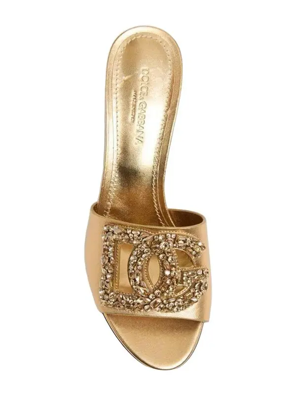 Dolce & Gabbana 60mm Embellished Dg Metallic Leather Slide Sandals - Oro