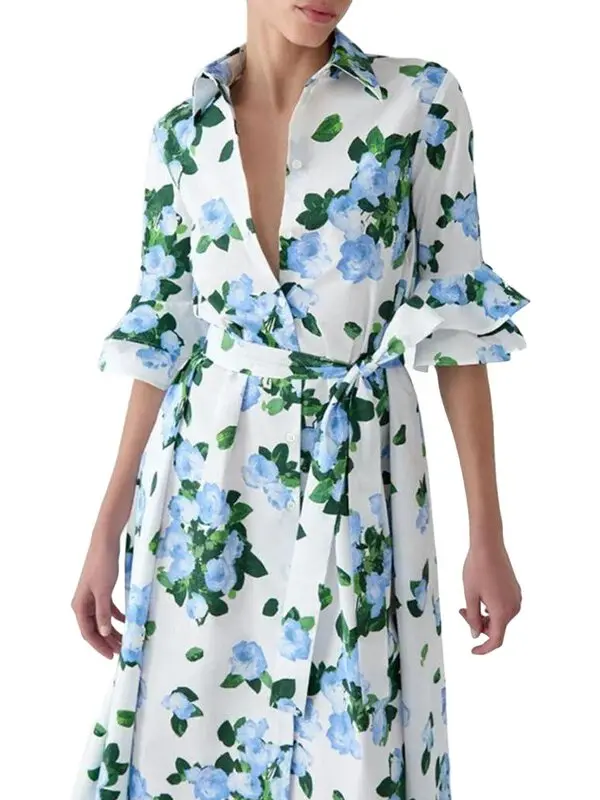 Carolina Herrera Tiered Ruffle Sleeve Belted Midi Shirtdress - White Multi