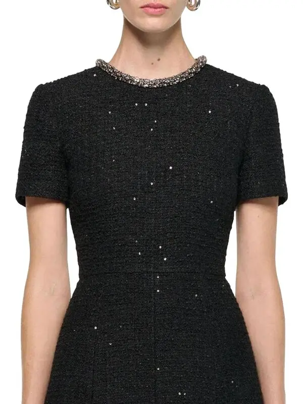 Roland Mouret Embellished-neckline Sequin Tweed Short-sleeve Midi Dress - Black