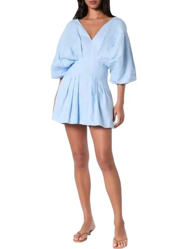 NICHOLAS Pleated Blouson-sleeve Linen Mini Dress - Sky