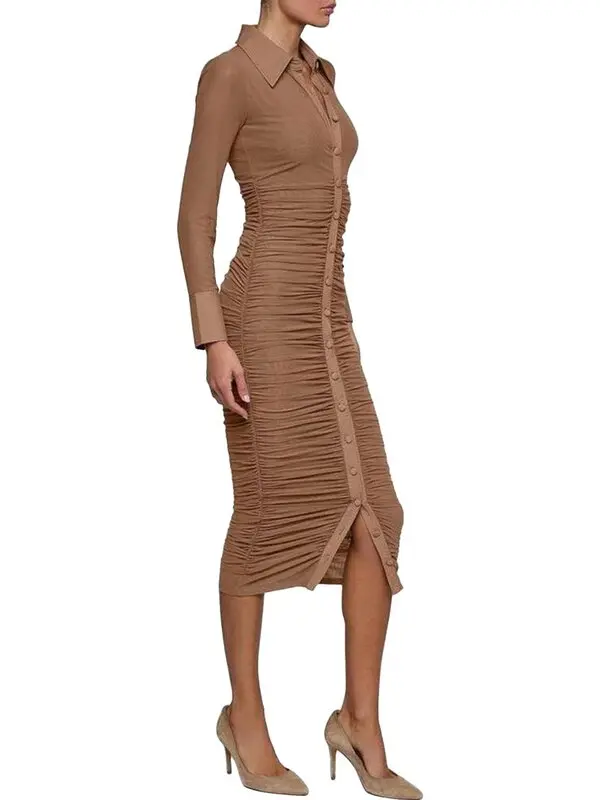 L & APOS;AGENCE Adriana Ruched Body-con Midi Shirtdress - Hazelnut
