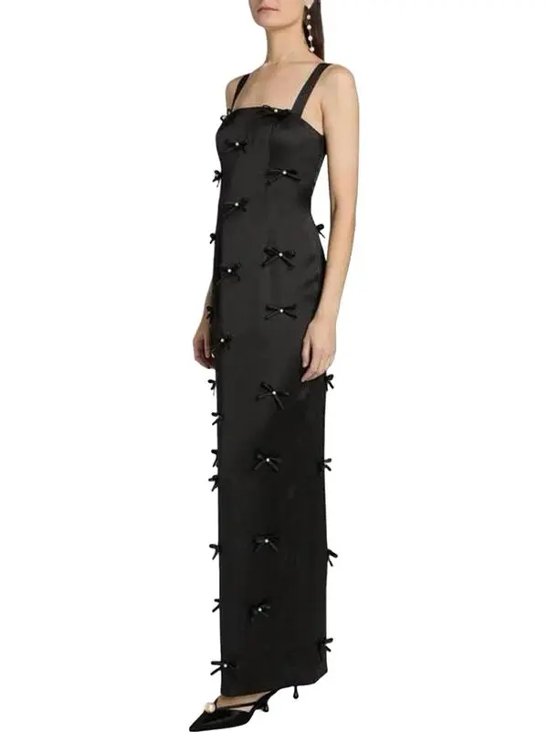 AS IT MAY Amora Embellished Bow Satin Gown - Black