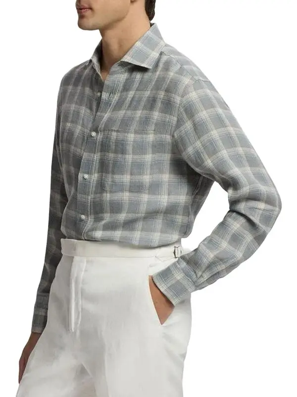 Ralph Lauren Purple Label Apos;s Plaid Linen Twill Shirt - Grey