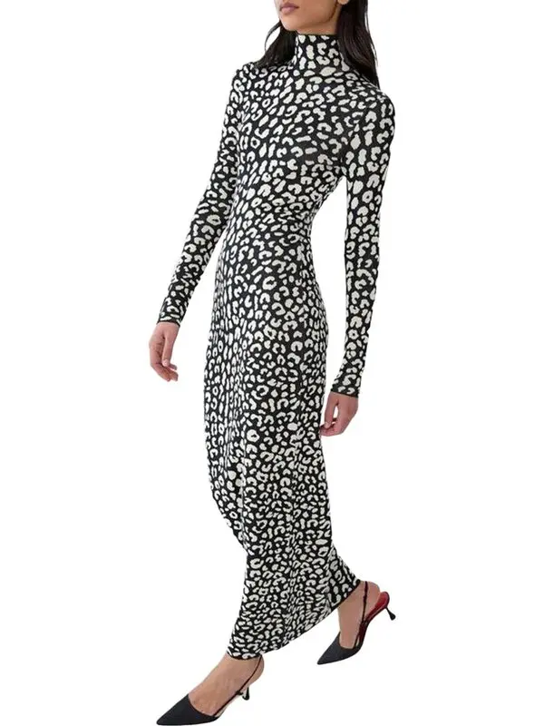 Carolina Herrera Long-sleeve Leopard Maxi Turtleneck Dress - Black Multi