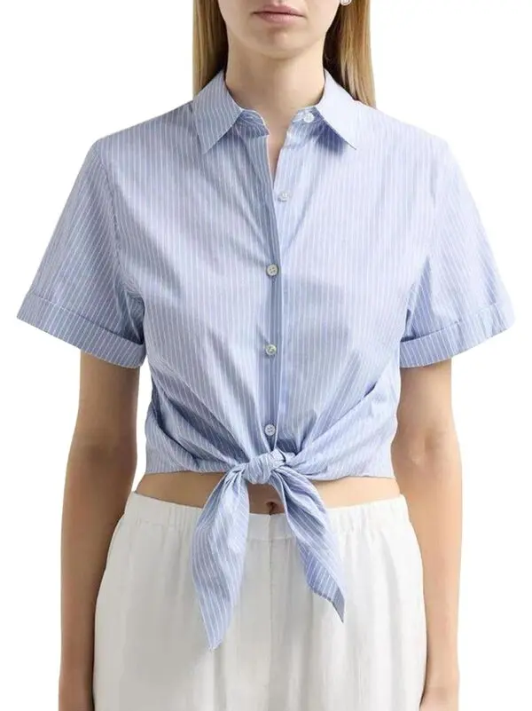 Theory Pinstripe Cotton-blend Tie Shirt - Blue Multi