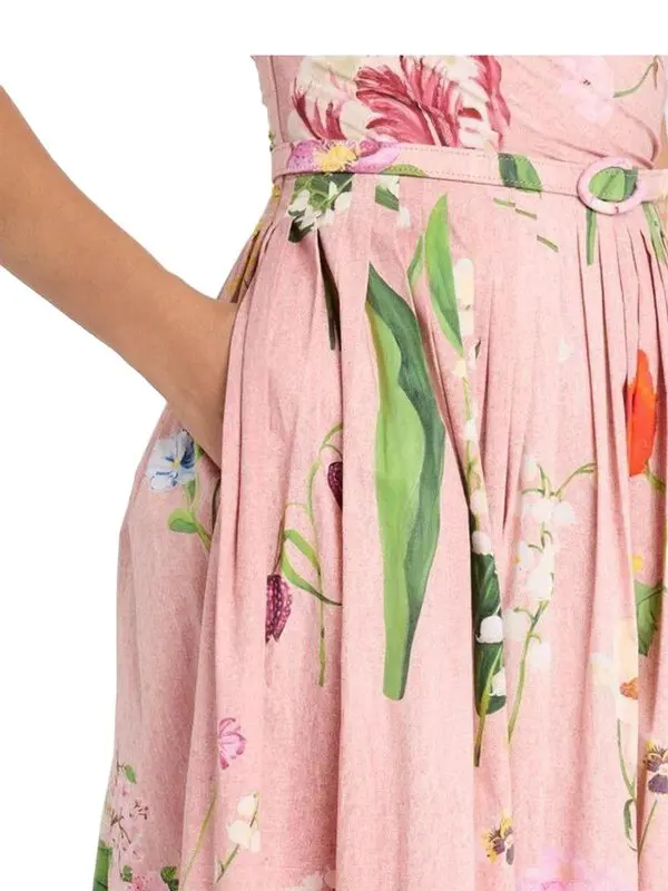 Oscar De La Renta Sleeveless Mixed Botanical Draped Cotton Midi Dress - Blush Mult