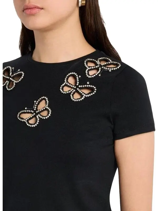 Alice + Olivia Cindy Embellished Butterfly Cropped T-shirt - Black/silv
