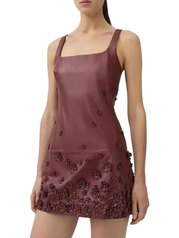 Simkhai Talen Floral-embellished Faux Leather Mini Dress - Fig