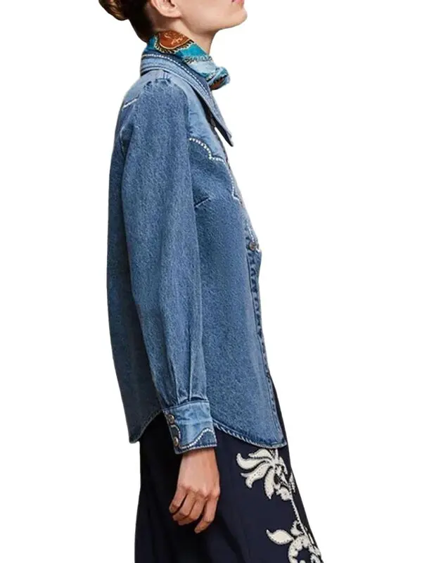 ALEMAIS Jesse Embroidered Denim Western Shirt - Blue