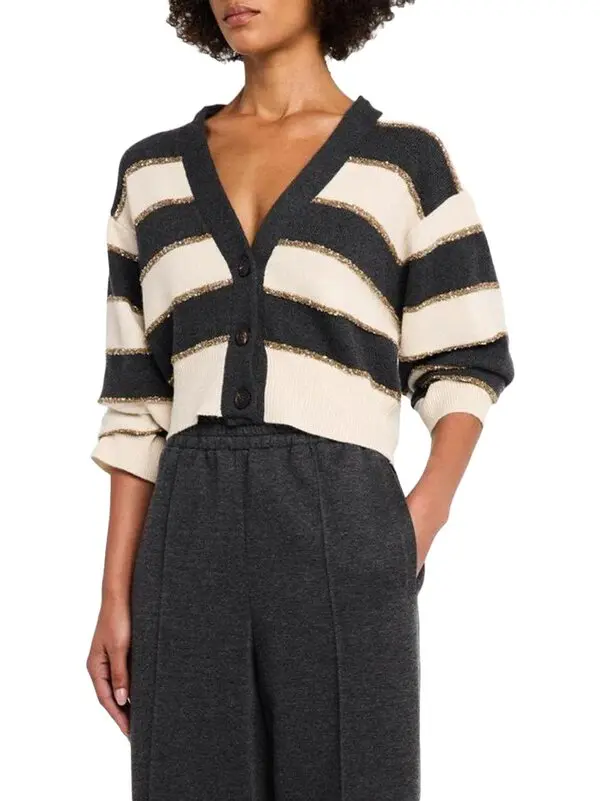 Brunello Cucinelli Luminous Striped Cashmere Crop V-neck Cardigan - Cdl34