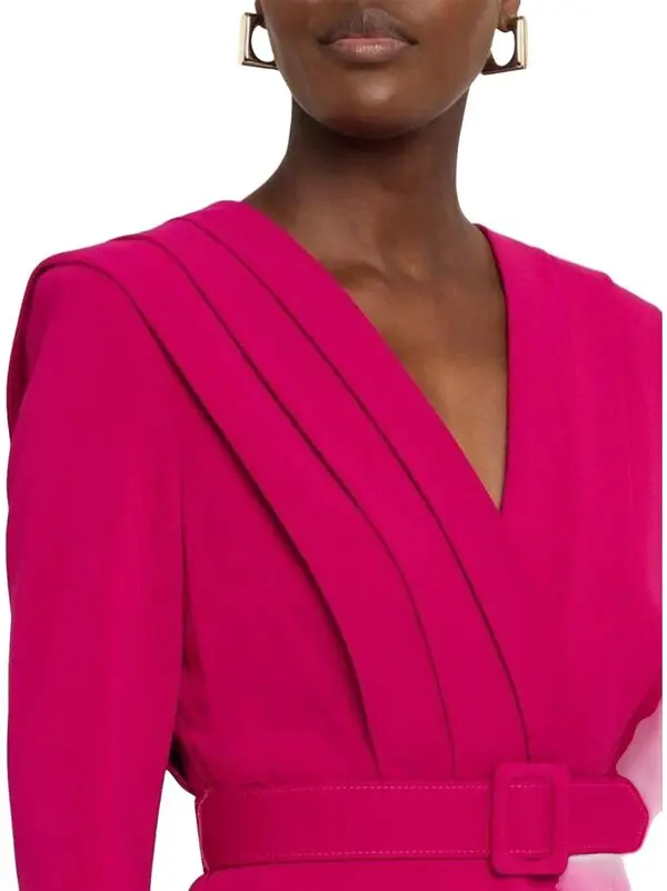 Badgley Mischka Stretch Crepe Belted V-neck Midi-dress - Raspberry