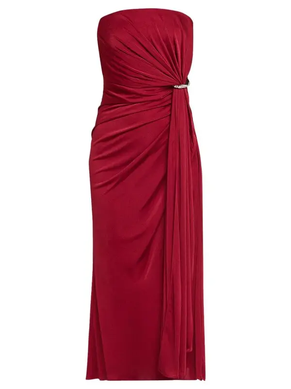 Halston Nadia Strapless Draped Jersey Midi Dress - Ruby