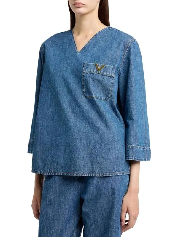 Valentino Garavani V-logo 3/4-sleeve Shirt - Denim