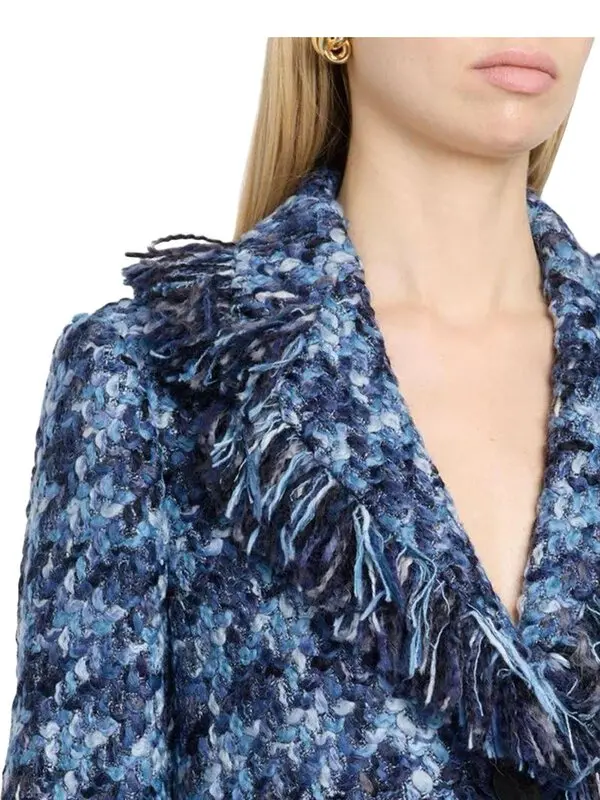 MAISON COMMON Houndstooth Tweed Fringed Single-breasted Coat - Medium Blu
