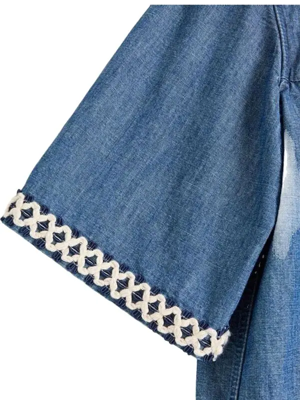 Valentino Garavani Apos;s Denim Embroidered-trim Short-sleeve Shirt - Medium Blu