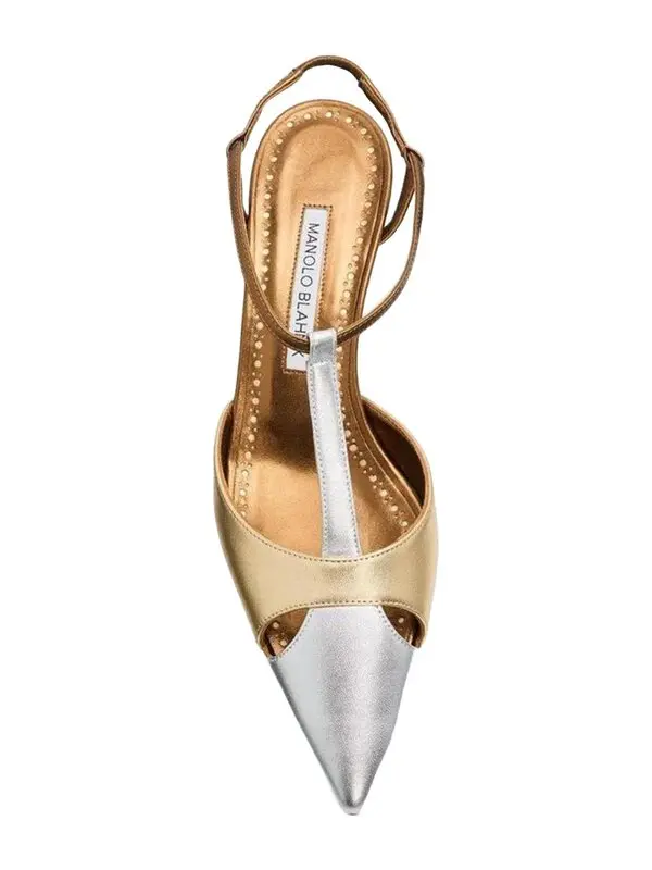 Manolo Blahnik 50mm Turgimod Metallic Leather T-strap Pumps - Gold
