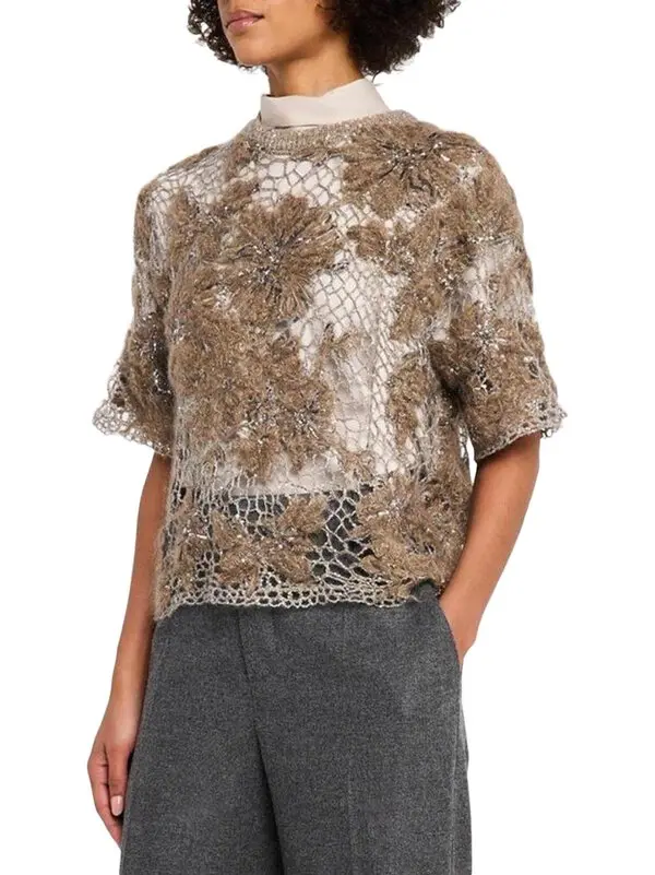 Brunello Cucinelli Mohair Diamante Floral Embroidered Mesh Sweater - C9176