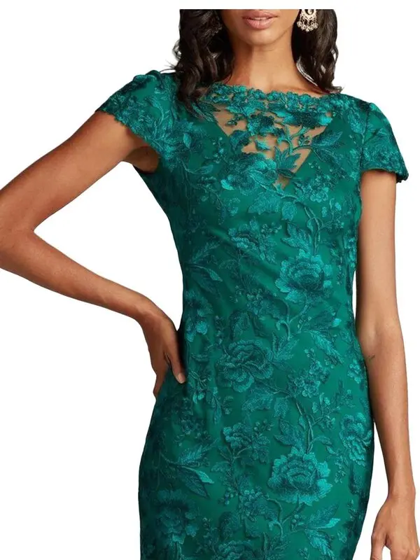Tadashi Shoji Short-sleeve Embroidered Tulle Column Gown - Malachite