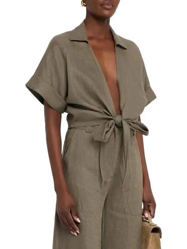 JBQ Chiara Tie-front Linen Top - Moss