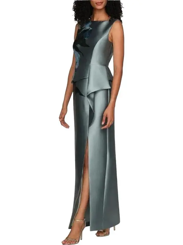 KAY UNGER Luciana Satin Floral Column Gown - Iceberg