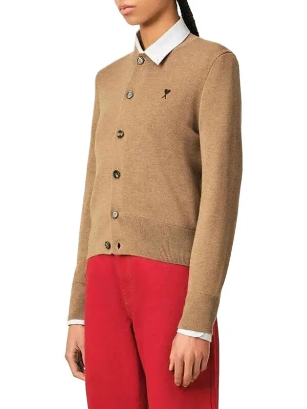 AMI Paris De Coeur Embroidered Wool Crewneck Cardigan - Camel