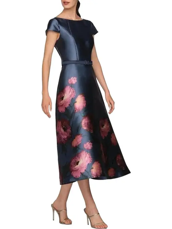 KAY UNGER Ina Mikado Poppy Tea-length Cocktail Dress - Chambray Multi