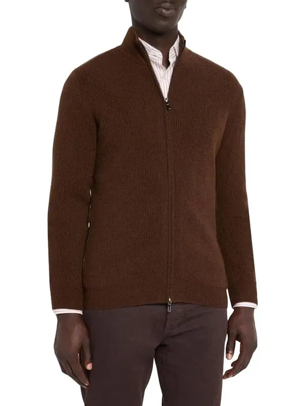 Neiman Marcus Apos;s Cashmere Rib-knit Mock Neck Full-zip Sweater - Umber