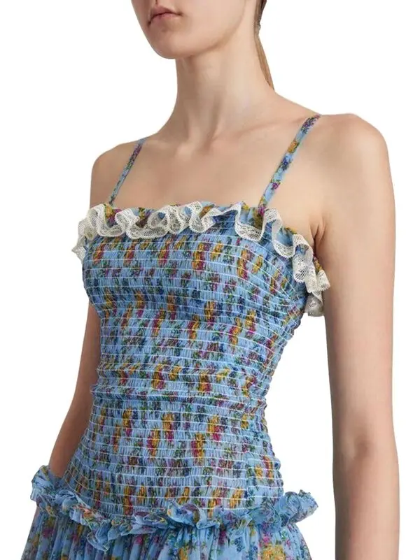 Dolce & Gabbana Floral Smocked Chiffon Sleeveless Maxi Dress - Bluprtflow