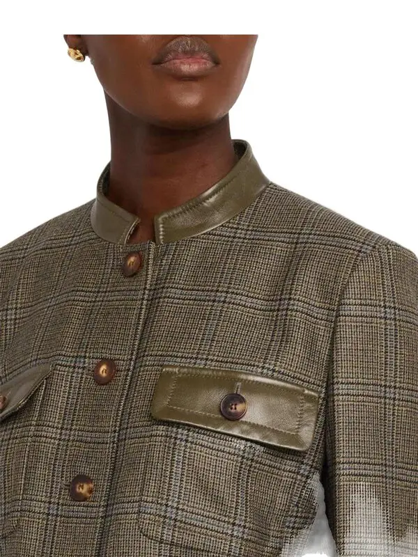 Lafayette 148 New York Leather-trim Glen Check Jacket - Olive Mult