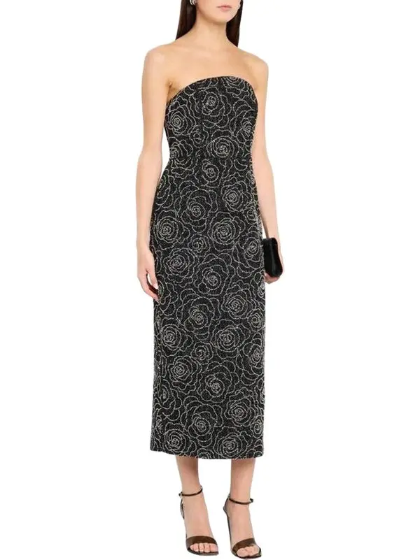 MILLY Kait Floral Beaded Column Midi Dress - Black/silv