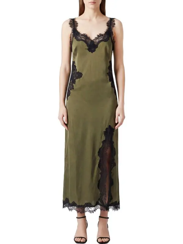 Gold Hawk Midi Slip Dress In Silk With Slit And Lace Inserts - Green