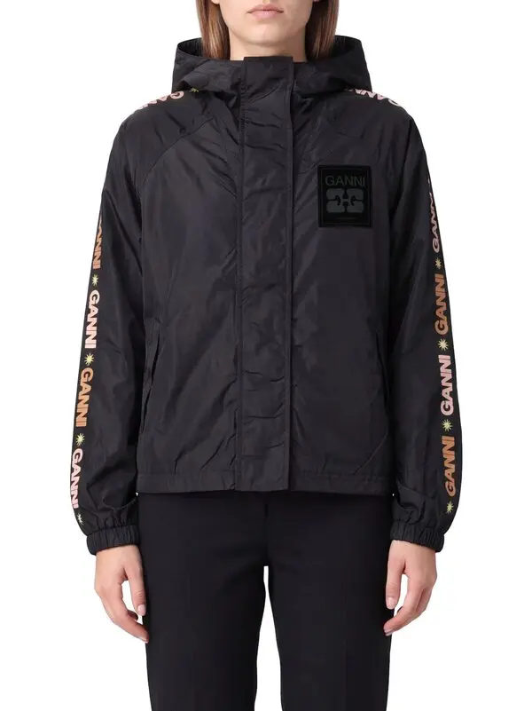 GANNI Short Hooded Windbreaker Jacket With Butterfly Logo - Black