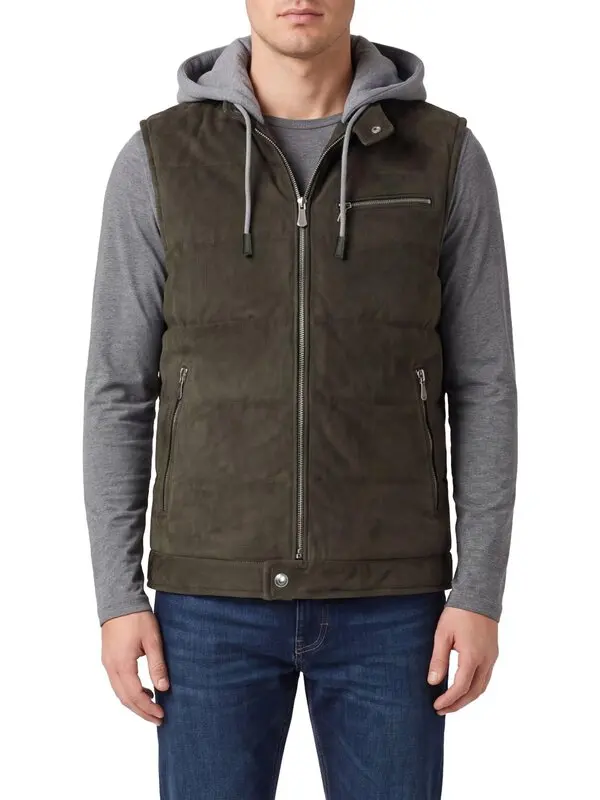 Eleventy Quilted Suede Leather Padded Gilet With Hood - Grey
