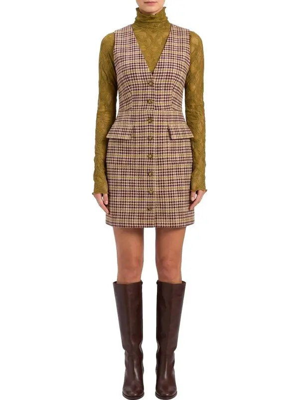 TWINSET Houndstooth Wool Blend Sheath Minidress With Lace Inserts - Multicolor