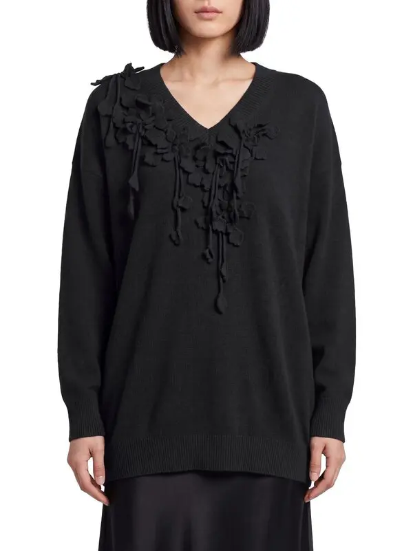 Alberta Ferretti V-neck Wool Knit Mini Dress With Flower Appliqu - Black