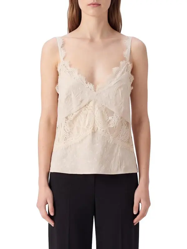 Pinko Satin Evening Top With Lace Inserts And V-neck - Grey