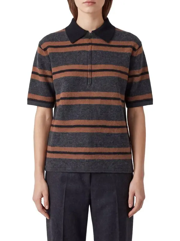SEMICOUTURE Striped Virgin Wool Knit Polo With Zip Closure - Grey